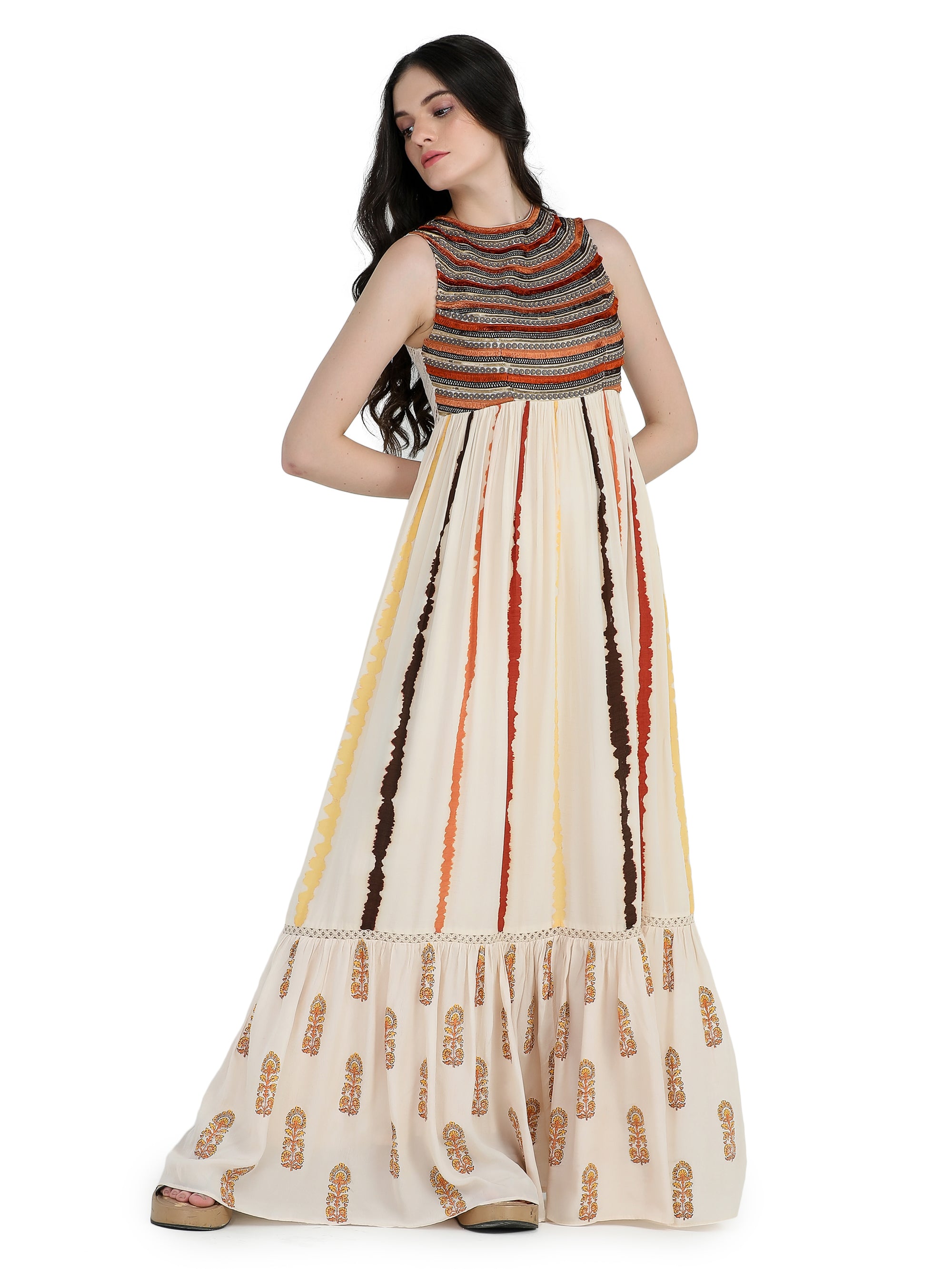 Bone crepe tie and dye and embroidered maxi